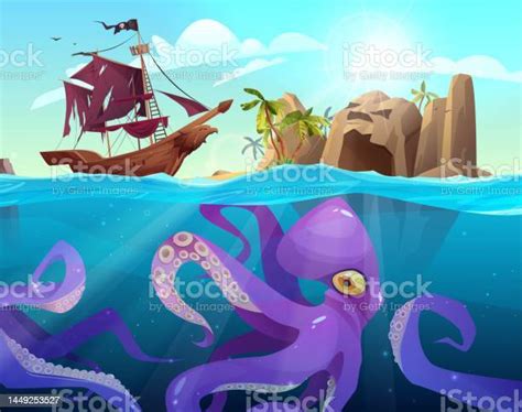 해적선 바다에 야자수가있는 바위가 많은 섬 바다 밑의 보라색 거대한 문어 2d 게임 또는 모험 퀘스트를위한 만화 벡터 일러스트레이션 0명에 대한 스톡 벡터 아트 및 기타