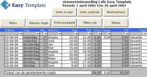 Excel Urenregistratie Personeel Urenregistratie Easy Template