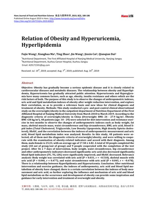 Pdf Relation Of Obesity And Hyperuricemia Hyperlipidemia