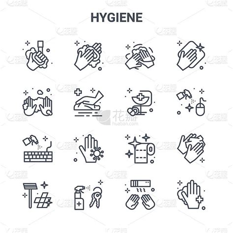 一组16卫生概念矢量线图标。64x64薄笔触如洗手液、手、鼠标、厕纸、按键、洗手液、烘干机、药房、擦素材 花瓣网
