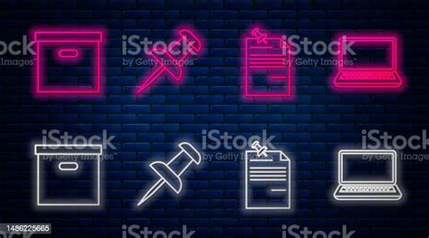 설정 라인 푸시 핀 고정 푸시 버튼 판지 판지 상자와 노트북 노트 종이 벽돌 벽에 빛나는 네온 아이콘입니다 벡터 0명에 대한 스톡 벡터 아트 및 기타 이미지 Istock