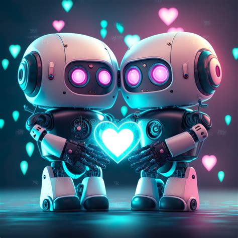 Cyberpunk Cute Couple Robot On Valentine Led Glow Abstract Futuristic Background Stock