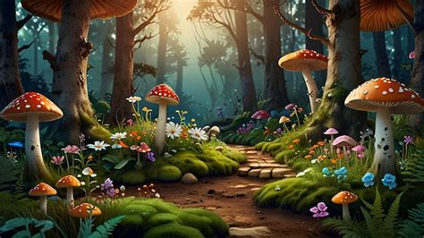 Фантастический лесный пейзаж с грибами и цветами на заднем плане Ai Generative Премиум Ai