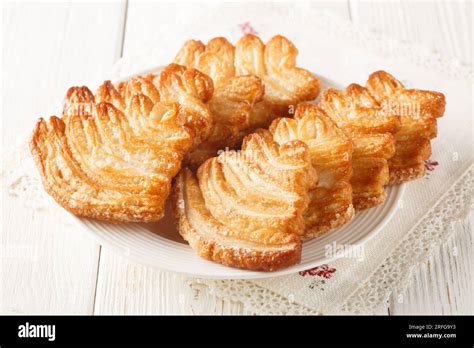 Homemade Gourmet Italian Puff Pastries Palmine Closeup On The Plate On