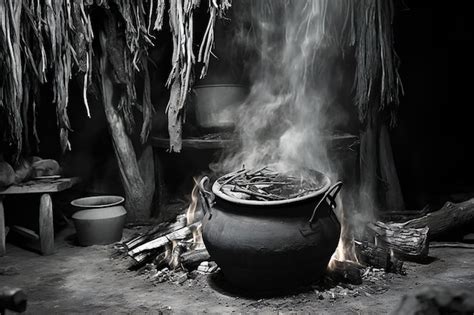 Premium Ai Image Old Cauldron With Boiling Water And Firewood On