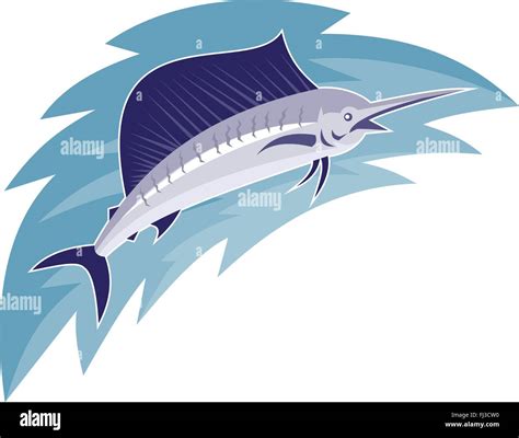 Ilustración vectorial de un pez vela saltando art decó estilo retro