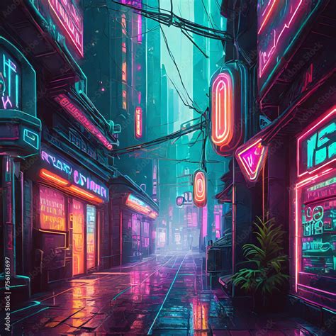 빛나는 간판과 강렬한 빛이 가득한 사이버펑크 거리 Stock Illustration Adobe Stock