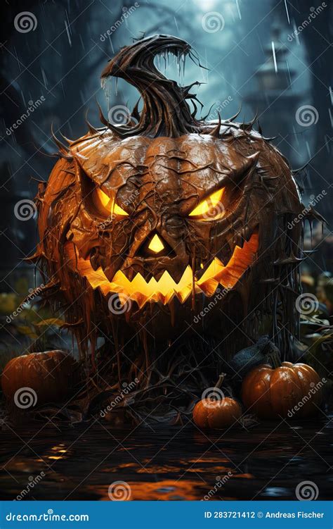 Halloween Sinister Pumpkin Head Lantern Against The Backdrop Of