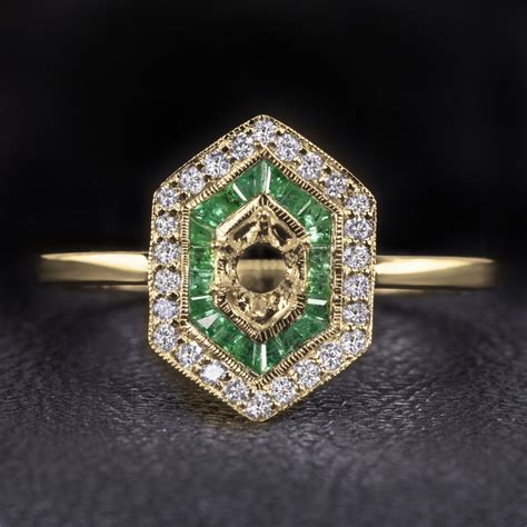Diamond Emerald Engagement Ring Setting 4mm Semi Mount Vintage Style