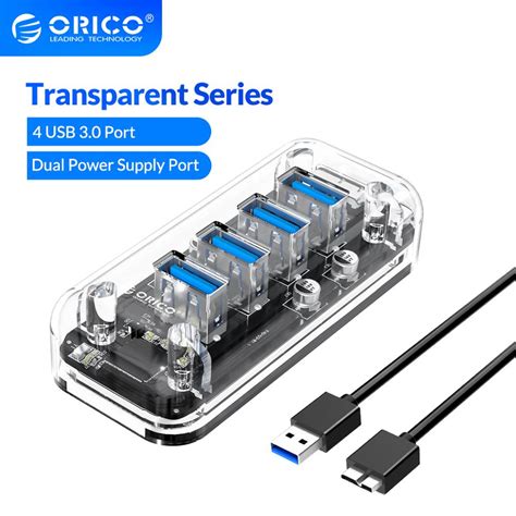 ORICO Transparent Series USB HUB 7 4 Port USB 3 0 Splitter With Dual Power Supply Port For