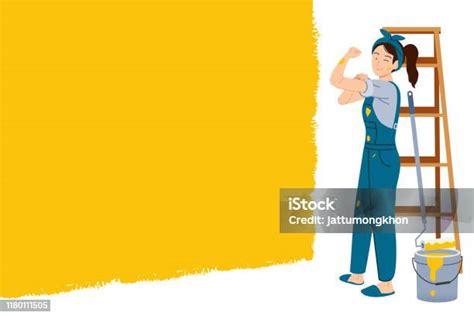 여자는 혼자서 방에 벽을 그렸다 혼자서 할 수있는 기본 홈 장식 열심히 일하지만 할 수 있습니다 건설 산업에 대한 스톡 벡터