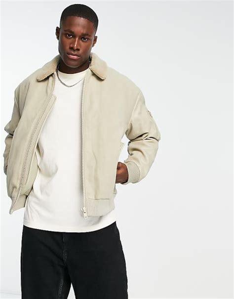 Asos Design Oversized Wool Look Bomber Jacket With Faux Leather Sleeves