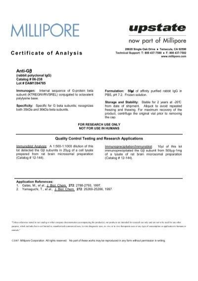 Certificate Of Analysis Millipore