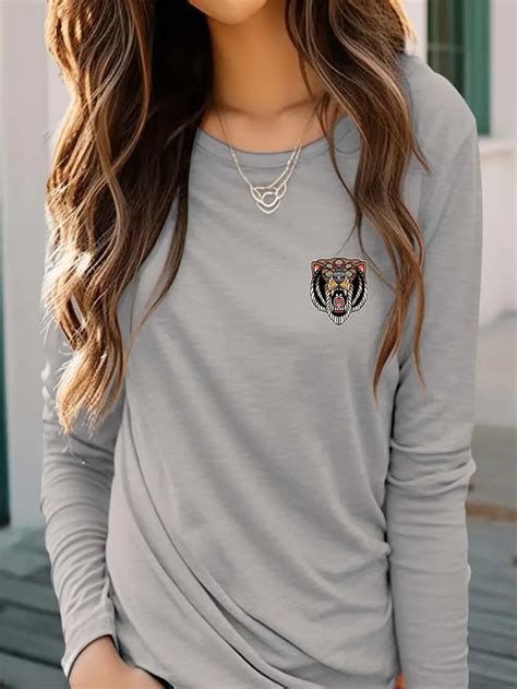 그래픽 프린트 크루넥 티셔츠 봄 가을용 캐주얼 긴팔 탑 여성 의류 최신 트렌드 쇼핑 Temu Republic Of Korea