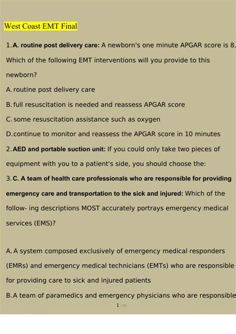 West Coast EMT Final Exam Questions And Answers 2023 2024 Verified Answers West Coast