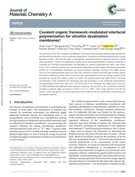 Pdf Covalent Organic Framework Modulated Interfacial Polymerization
