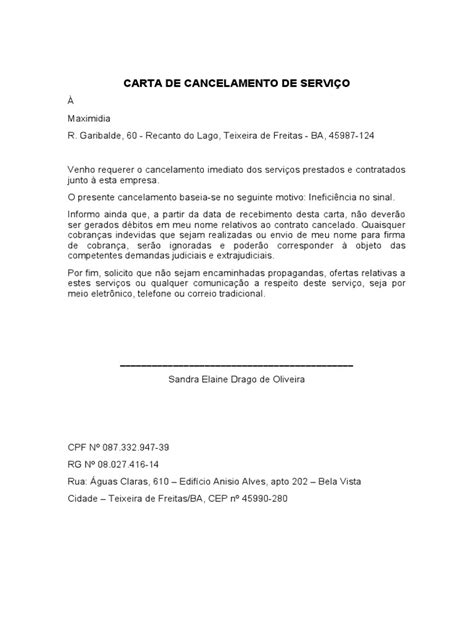 Modelo De Carta De Cancelamento Para Imprimir Carta D