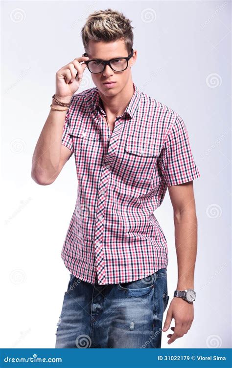 Casual Man Holding Eyeglasses Stock Image Image Of Fixing Casual