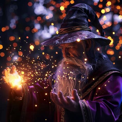 A Wizard Casting a Spell with Sparks and Bokeh Lights | Premium AI-generated image