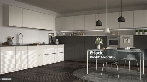 테이블 및의 자 큰 창과 헤링 본 쪽모이 세공 마루 바닥 흰색과 회색 미니 멀 인테리어 디자인 현대 부엌 0명에 대한 스톡 사진 및 기타 이미지 Istock