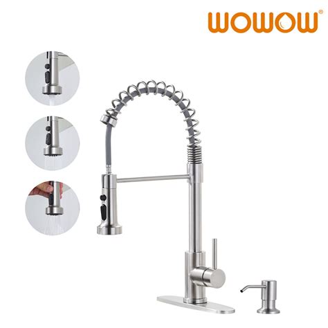 Wowow Single Handle Spring Brushed Nickel Pull Out Kitchen Faucet With
