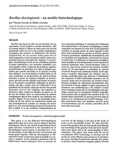 Pdf Bacillus Thuringiensis A Biotechnology Model