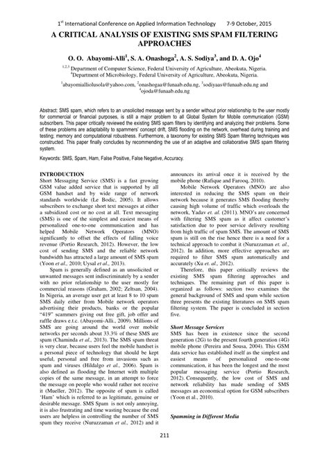 Pdf A Critical Analysis Of Existing Sms Spam Filtering Approaches
