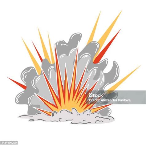 폭발 만화 다이너마이트 또는 폭탄 폭발 화재 붐 구름과 연기 요소 위험한 폭발 폭발 원자 폭탄 폭발 벡터 손 그리기 그림 격리에 대한 스톡 벡터 아트 및 기타 이미지