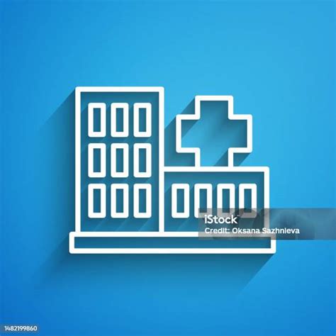 파란색 배경에 분리 된 크로스 아이콘이있는 화이트 라인 의료 병원 건물 의료 센터 의료 긴 그림자 벡터 1위에 대한 스톡 벡터 아트 및 기타 이미지 Istock