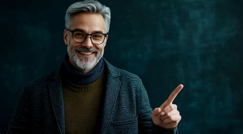 Handsome Teacher With Gray Hair Pointing At Blackboard In Classroom