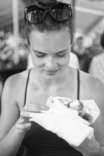 Premium Photo Happy Preatty Girl Or Woman Eating Sandwich Gyros