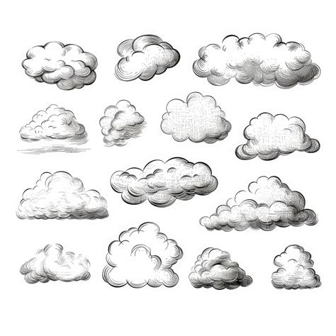 Hand Drawn Sketchy Cloud Collection Isolated On White Sketched Black