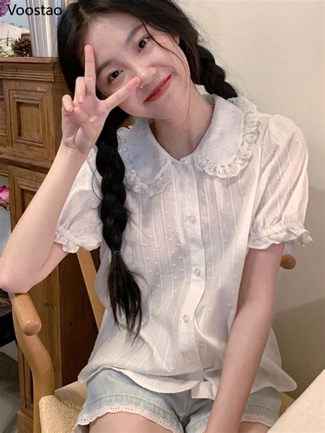 알리익스프레스 일본 화이트 피터팬 칼라 여성 셔츠 귀여운 로리타 스타일 퍼프 소매 블라우스 여성스러운 하라주쿠 카와이 Jk 셔츠 위시버킷