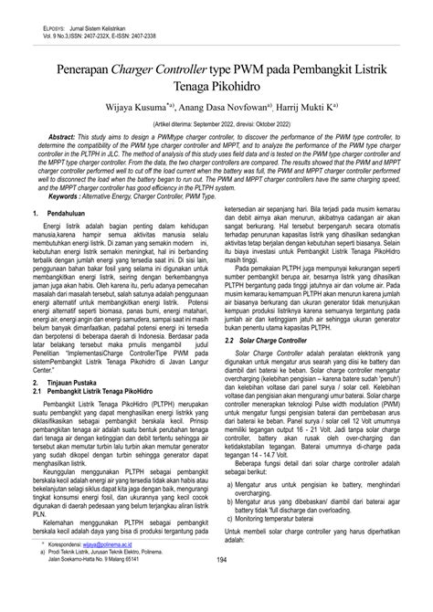 Pdf Penerapan Charger Controller Type Pwm Pada Pembangkit Listrik Tenaga Pikohidro