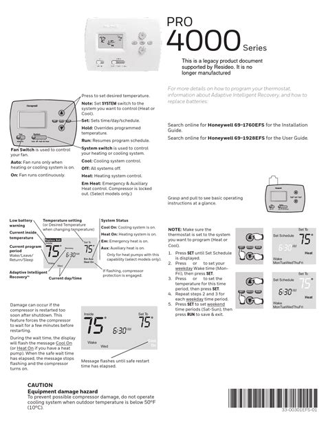 Pro 4000 Series Programmable Digital Thermostat Quick Reference Guide