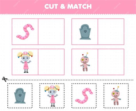 어린이를위한 교육 게임 귀여운 만화 웜 묘비 부두 인형 좀비 소녀 의상 할로윈 인쇄용 워크 시트의 동일한 그림을 자르고 일치시킵니다 프리미엄 벡터