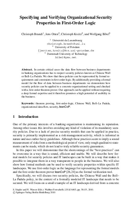 Pdf Specifying And Verifying Organizational Security Properties In First Order Logic