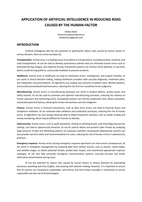 Pdf Application Of Artificial Intelligence In Reducing Risks Caused By The Human Factor