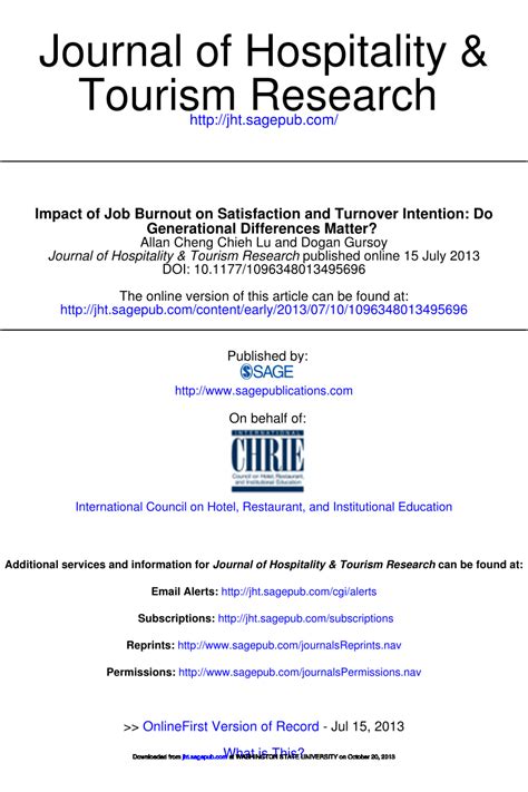 Pdf Impact Of Job Burnout On Satisfaction And Turnover Intention Do Generational Differences