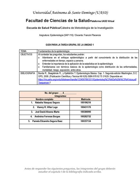 Grupo tarea U Universidad Autónoma de Santo Domingo UASD Facultad de Ciencias de la