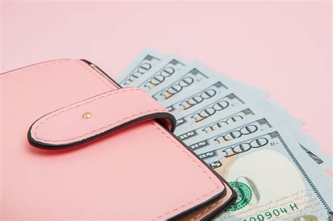 핑크 바탕에 100 달러 지폐와 지갑 플랫 레이 평면도 복사 공간 지갑 개인 장식품에 대한 스톡 사진 및 기타 이미지 지갑