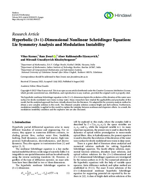 Pdf Hyperbolic 3 1 Dimensional Nonlinear Schrödinger Equation Lie Symmetry Analysis And
