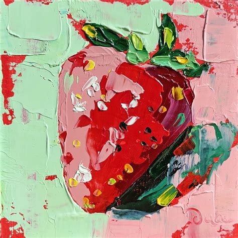 Strawberry Oil On Board Oil Painting 4 × 4 In Original Art