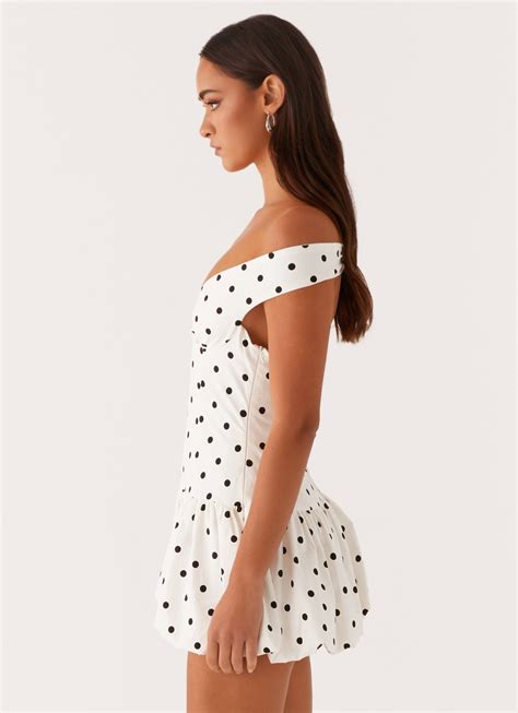 Endless Romance Off Shoulder Mini Dress White Polka Dot Peppermayo