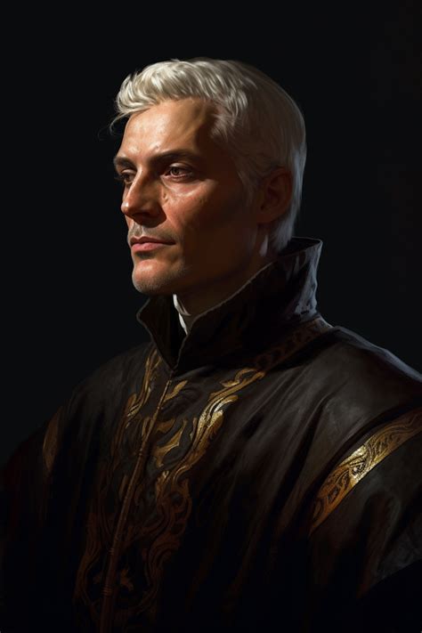 A Man With White Hair Wearing A Black Coat And Gold Trimming On His Face
