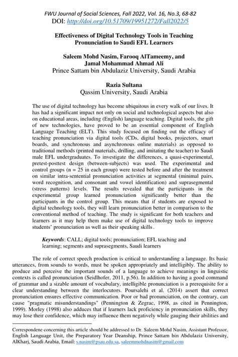 Pdf Effectiveness Of Digital Technology Tools In Teaching Pronunciation To Saudi Efl Learners