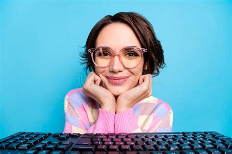 Photo Of Cute Young Brunette Lady Look Laptop Wear Spectacles Pink