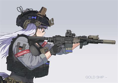 Safebooru 1girl Assault Rifle Bangs Blunt Bangs Eotech Gold Ship