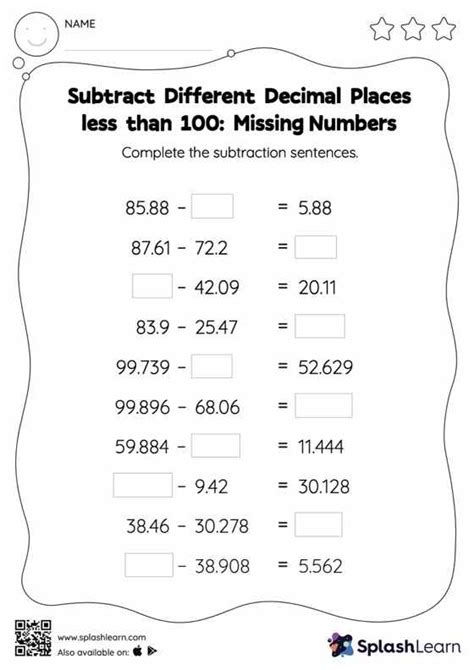 Subtract Different Decimal Places Less Than 100 Missing Numbers Math