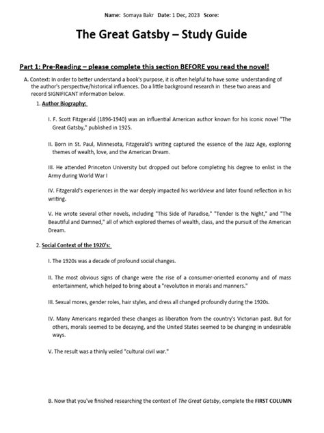 Gatsby Study Guide Pdf The Great Gatsby F Scott Fitzgerald